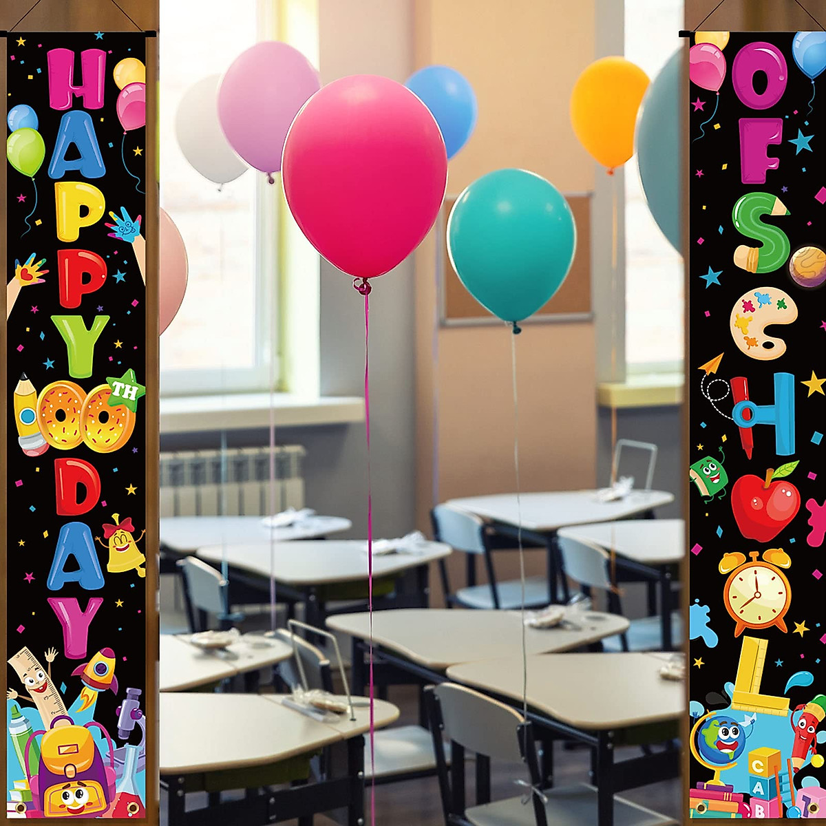 HOWAF 100th Day Of School Party Decoration Banner, Happy 100 Days of School Porch Sign for Kindergarten Pre School Primary Hooray 100th Day Party Decorations Supplies, 100 Days Smarter Party Favors Front Door Banner