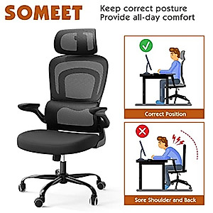 SOMEET Ergonomic Mesh Office Chair with Lumbar Support, High Back Office Chair with Flip-up Arms, Mesh Computer Gaming Chairs with Adjustable Headrest, Ergonomic Chair for Home Office Work, Black