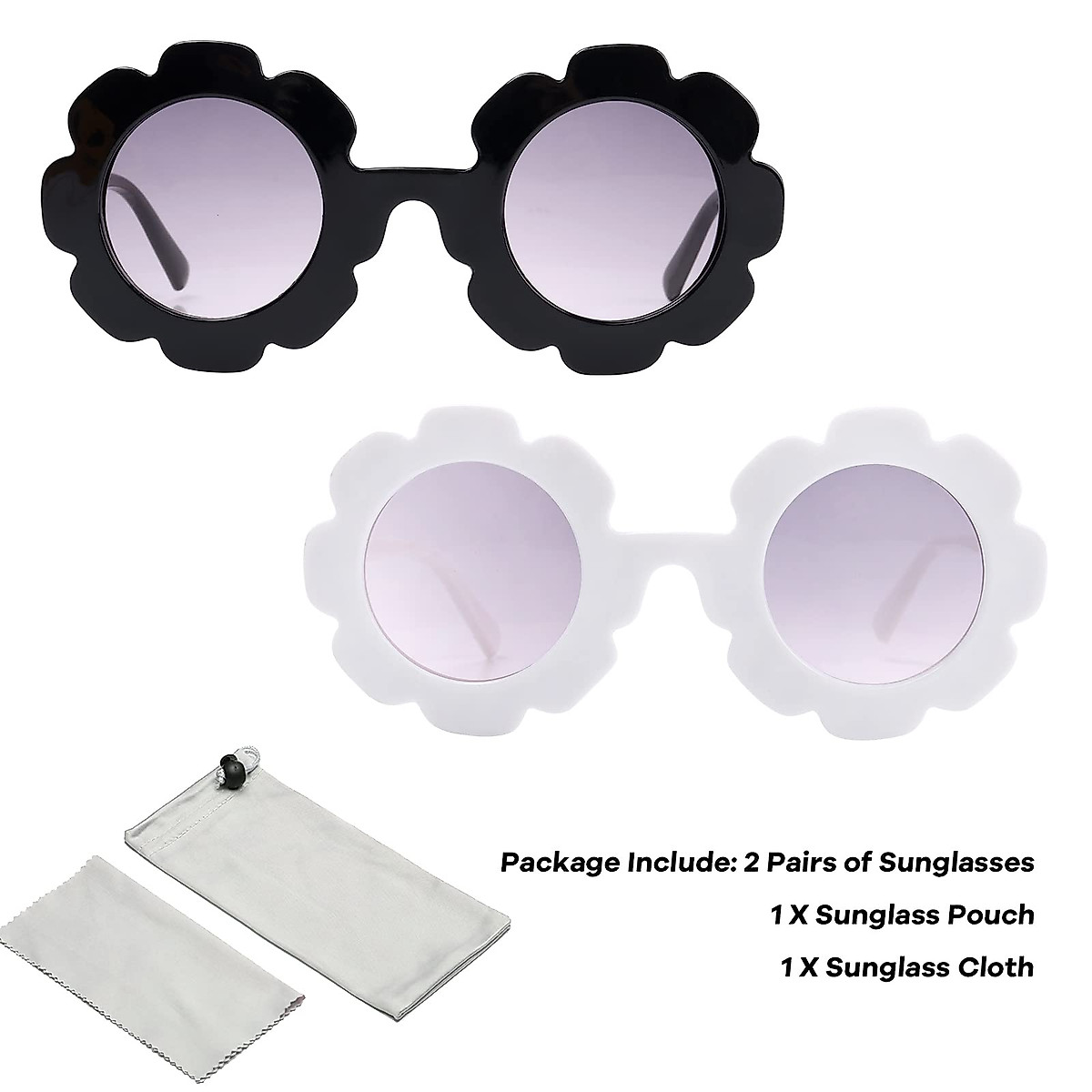 2 Pieces Flower Kids Sunglasses Boy Girl Toddler Sunglasses Cute Baby Sunglasses Party Favors for Boys Girls (Black +White)