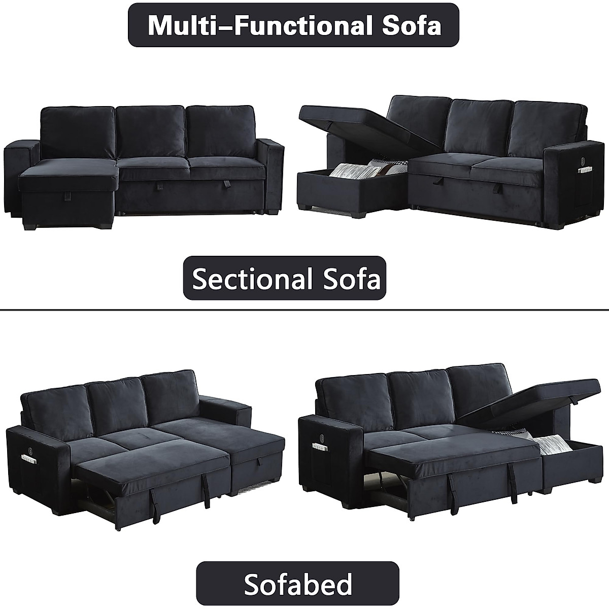 INSTORY Mid-Century Modern Velvet Sofa Sectional L-Shaped Sofa Pull Out SofaBed Convertible Sleeper Sofa Bed with Storage Chaise & USB for Living Room - Black