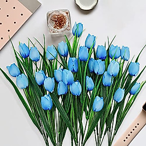 Ruidazon 6 Bundles Tulips Artificial Flowers,30 Heads Outdoor Artificial Tulip Faux Plastic Greenery Shrubs Plants UV Resistant for Easter Home Outside Garden Porch Window Decor (Blue)