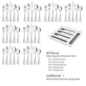 40-Piece Silverware Set with Drawer Organizer Tray, HaWare Stainless Steel Flatware Cutlery Utensils, Timeless and Elegant Design for Home Hotel Wedding, Mirror Polished and Dishwasher Safe