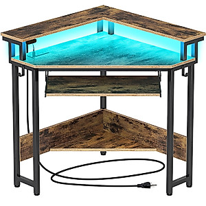 Rolanstar Corner Desk, 44.5" W x 34.5" H Small Computer Desk with Power Outlets, Gaming Desk with LED Lights, Triangle Corner Desk with Keyboard Tray & Monitor Stand for Small Space, Rustic Brown