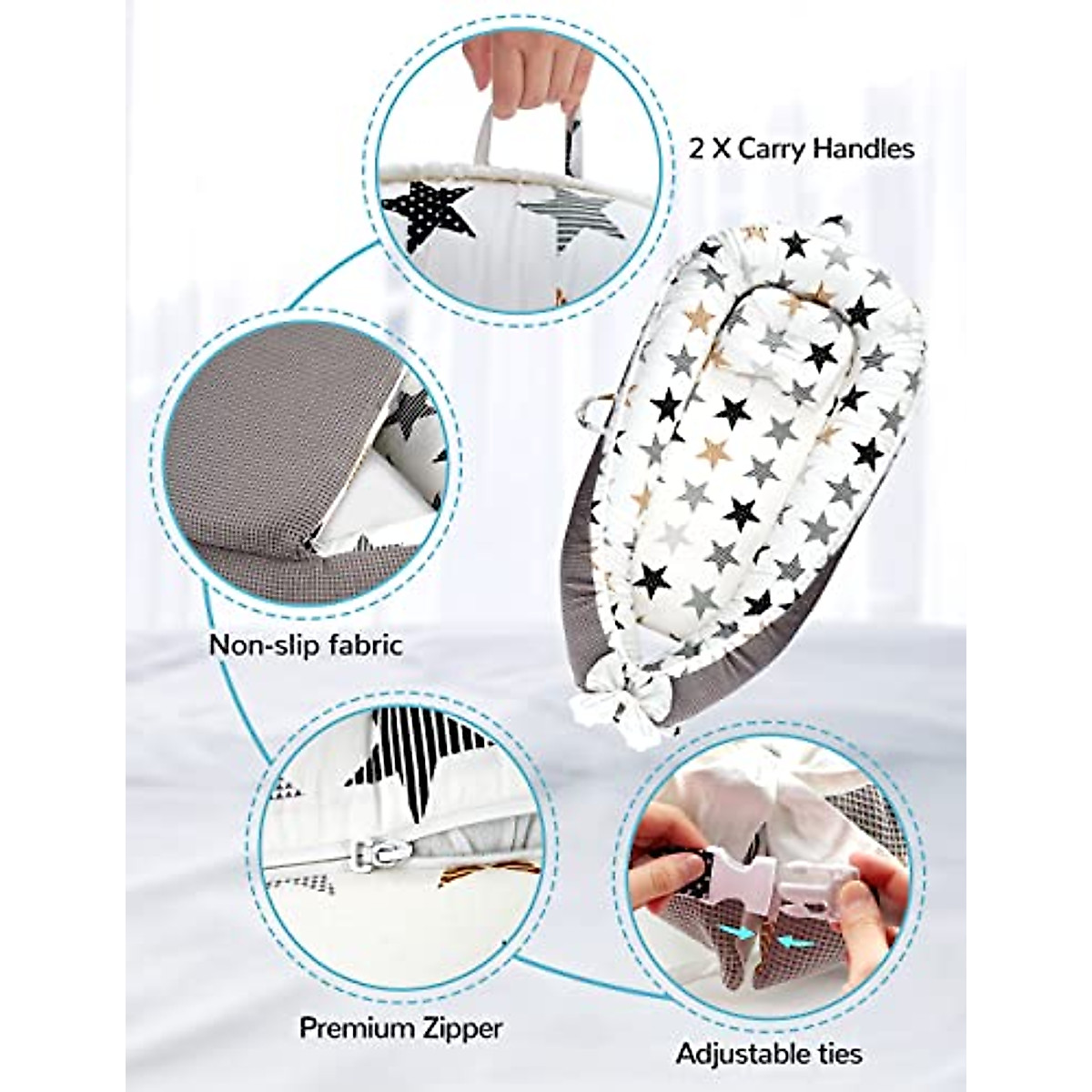 GIEFRNE Baby Lounger Baby Nest Cover Baby Registry Search Co-Sleeping Portable Bed Cover for Baby 0-12M, Soft Breathable Cotton for Newborn Bassinet Mattress Adjustable Size (Star)