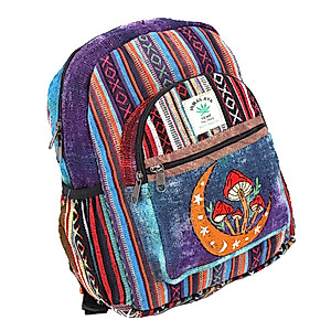 Unique Moon & Mushroom Embroidered Himalaya Hemp Hippie Backpack Festival Backpack FAIR TRADE Handmade with Love. (MINI)
