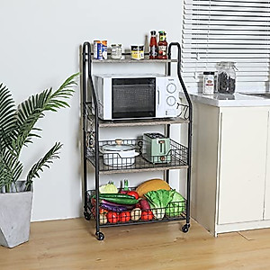 4 Tier Rolling Kitchen Bakers Rack with Storage 5 S Hooks, Kitchen Rolling Utility Cart with Shelves Wire Basket, Kitchen Serving Bar Cart, Microwave Oven Stand Fruit Vegetable Spice Organizer Rack