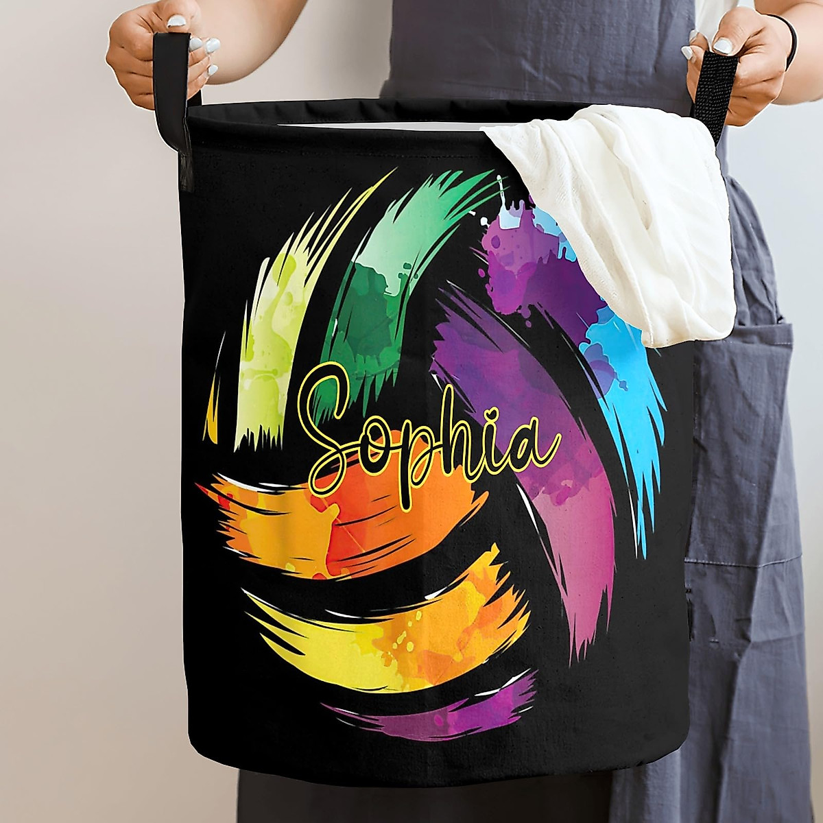 Personalized Watercolor Colors Volleyball Waterproof Laundry Basket Handles Collapsible Hamper Storage Basket for Office Bathroom