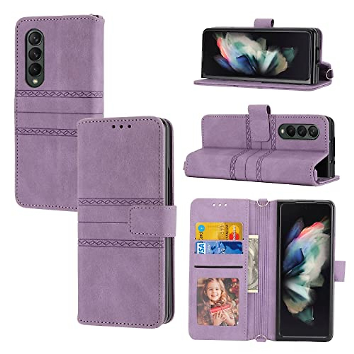 Wallet Case for Samsung Galaxy Z Fold 3, PU Leather Flip Folio Cover with Card Slots Magnetic Closure and Kickstand TPU Protective Phone Cases,Purple