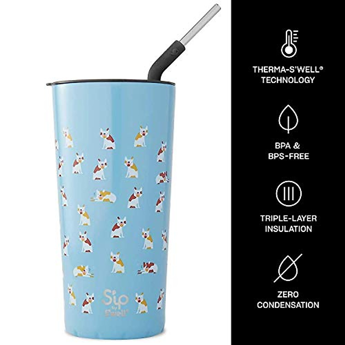 S'ip by S'well Stainless Steel Takeaway Tumbler - 24 Fl Oz - Frenchies Forever - Double-Layered Vacuum-Insulated Travel Mug Keeps Coffee, Tea and Drinks Cold for 16 Hours and Hot for 4