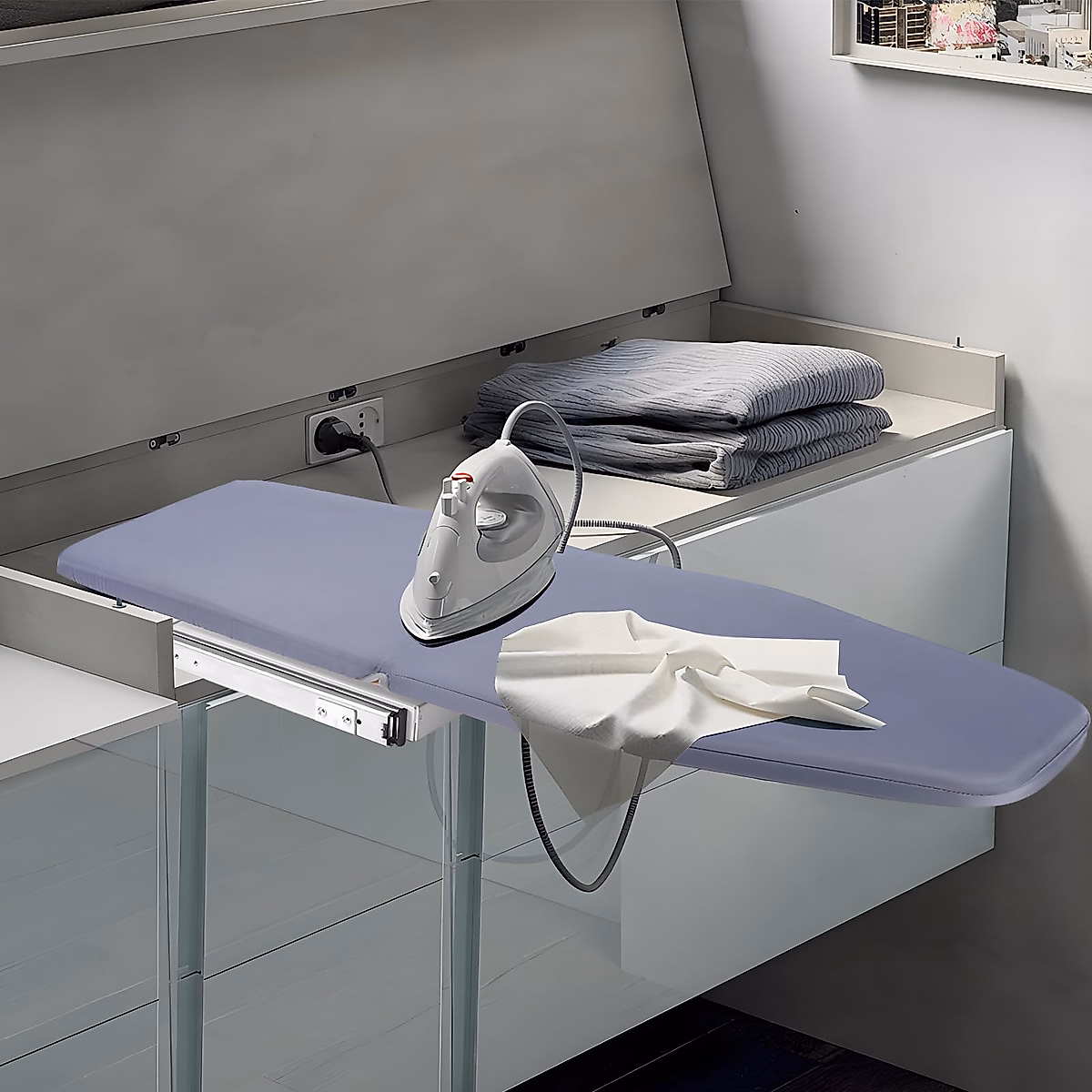 Closet Pull-Out Ironing Board 31.9" X 12.2" Retractable Iron Board Mini Ironing Board Stow Away in The Cabinet 180° Rotation for Small Spaces | with Cotton Ironing Board Cover | Grey (US Stock)
