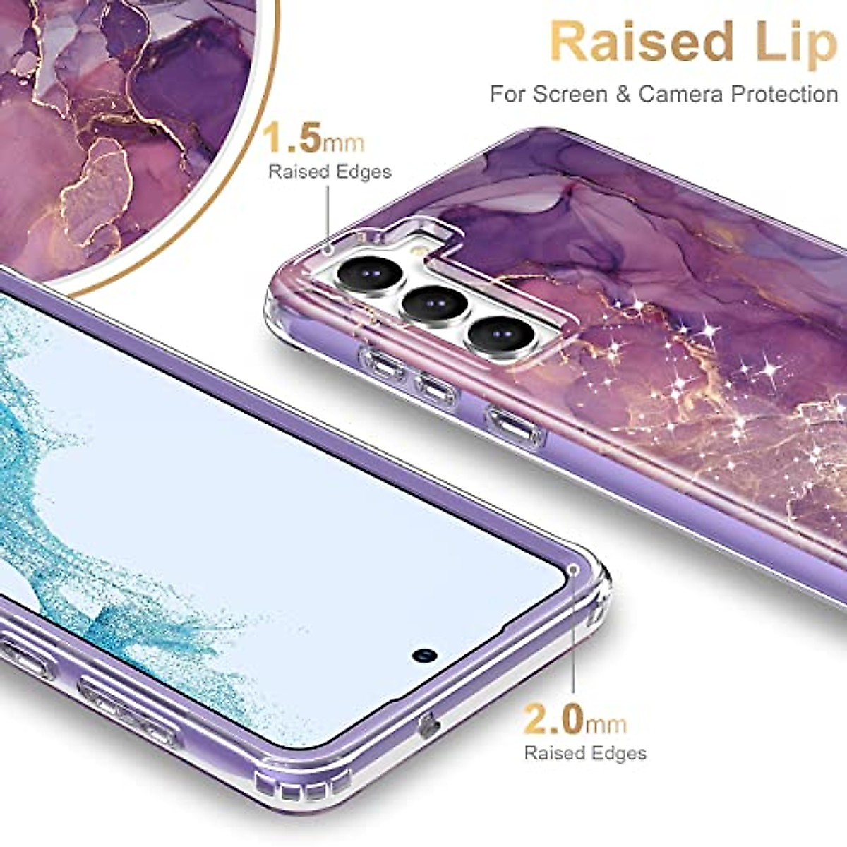 Esdot for Samsung Galaxy S23 Case,Military Grade Passing 21ft Drop Test,Rugged Cover with Fashionable Designs for Women Girls,Protective Phone Case for Galaxy S23 6.1" Glitter Purple Marble