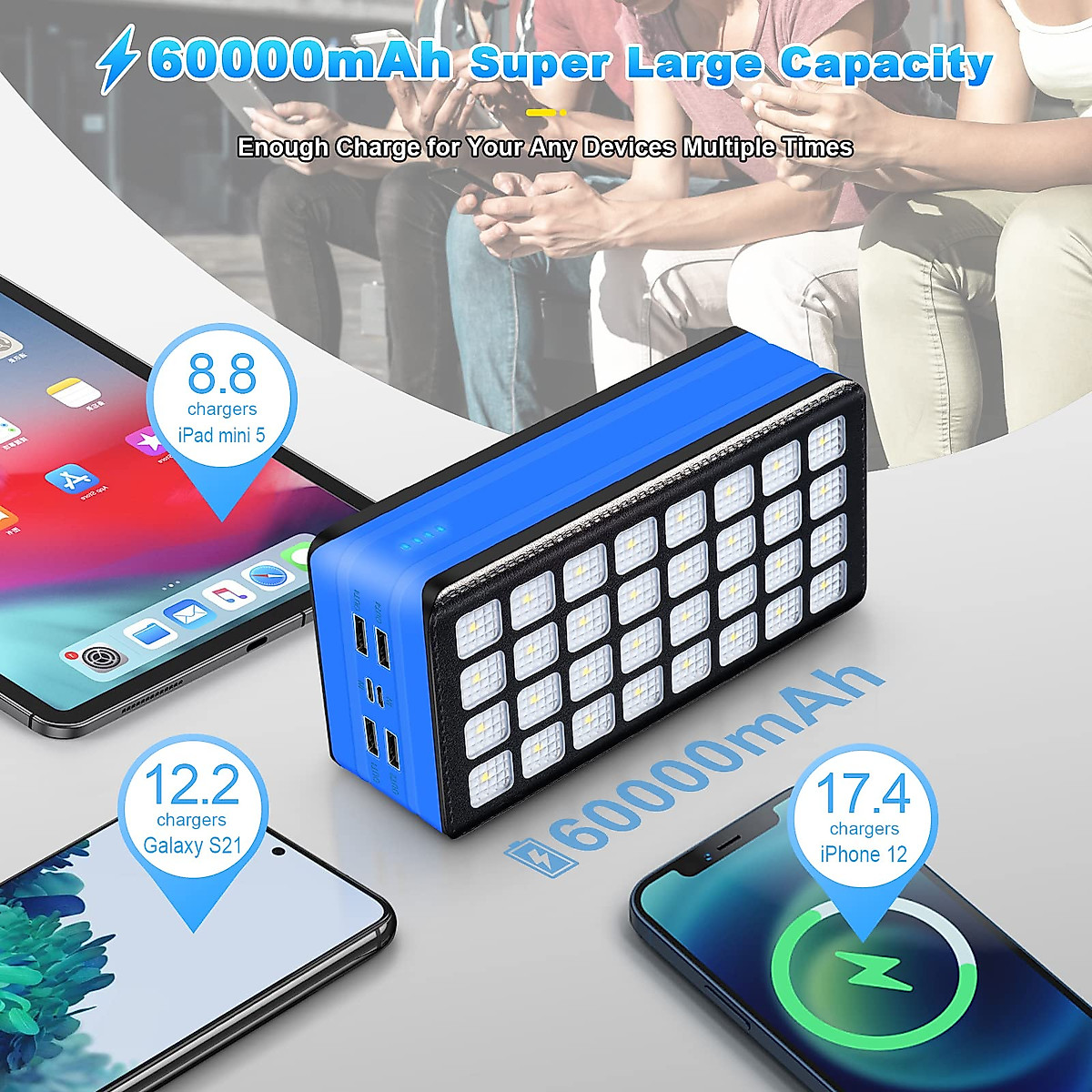 AEECESTORE Solar Charger Power Bank 60000mAh, Portable Solar Battery Charger with 32 LED Lights, External Battery Pack Compatible with iPhone, Cell Phone,Tablet for Camping, Emergency (Blue)