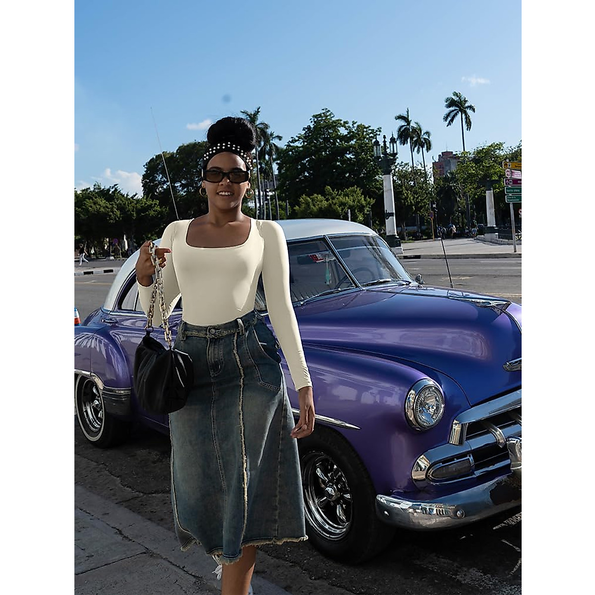 HYZ Women's Workout Square Neck Long Sleeve Y2k Slim Fit High Stretchy Basic Tunic Tops Black Beige