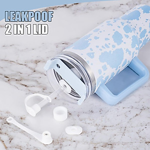 Xereizo 40 oz Tumbler with Handle and Straw, Leak Proof Stainless Steel Insulated Travel Coffee Tumbler Cups Lid and Straw, Iced for 40 Hours Cupholder Friendly Water Bottle Mug, Glacier, Light Blue