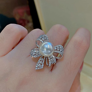 Elegant Bow Knot Pearl Rings for Women Rhinestone CZ Crystal Butterfly Tie Open Statement Ring Promise Engagement Rings Anniversary Wedding Band Jewelry