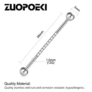 ZUOPOEKI Industrial Piercing Jewelry 15G Surgical Steel Barbell for Cartilage Industrial Bar Piercings Gold Silver
