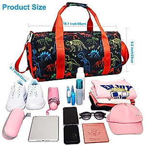 Gym Travel Duffle Bag for Boys - Gymnastics Sports Dance Bag with Shoe Compartment & Wet Pocket Binosaur Kids Travel Bag Teens Weekender Sleepover Carry On Bag