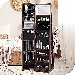 YITAHOME Jewelry Cabinet Standing Jewelry Armoire with Full Length Mirror 360°Swivel Lockable Jewelry Organizer Jewelry Armoire with Bag Storage Shelves, Walnut