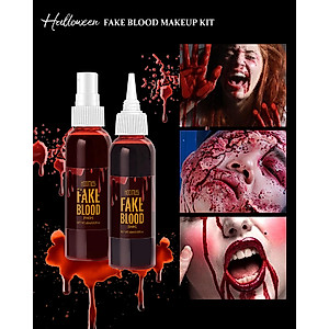 Halloween Fake Blood Makeup, Fake Blood Spray 2.03oz + Dripping Blood 2.03oz, Washable Realistic Fake Blood for Clothes, Sfx Special Effects Makeup Kit for Vampire Monster Zombie Cosplay (Red)