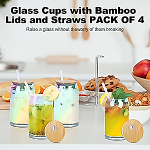 LEFIMOT 4 Pack Drinking Glasses with Bamboo Lids and Straw, 16oz Can Shaped Glass Cups Iced Coffee Cup Beer Glasses Cocktail Glasses Cute Tumbler Cup for Smoothie,Tea,Whiskey,Water,Gift