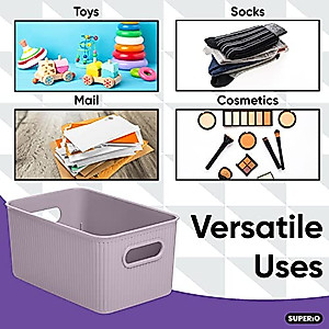Superio Decorative Plastic Open Home Storage Bins Organizer Baskets, Medium Lilac Purple (6 Pack) Container Boxes for Organizing Closet Shelves Drawer Shelf - Ribbed Collection 5 Liter