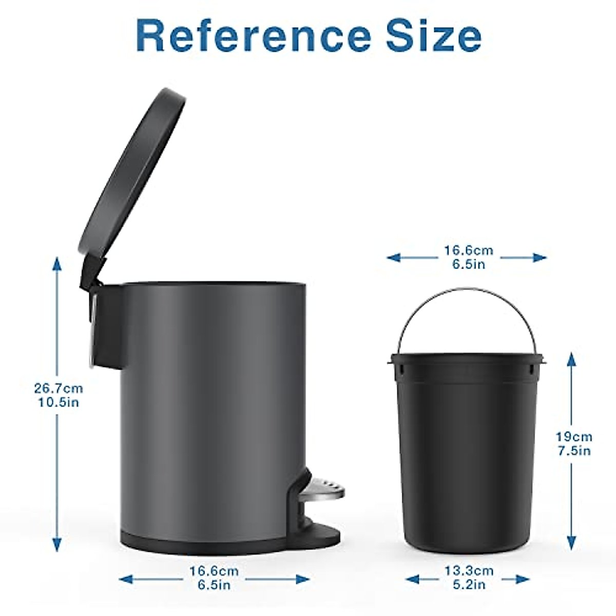 H+lux Small Trash Can with Lid, Round Garbage Can with Foot Pedal, Removable Inner Wastebasket, Anti-Fingerprint Matt Finish, 0.8Gal/3L, Grey