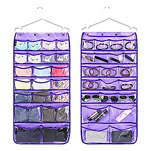 ANZORG Dual Sided Hanging Organizer for Jewelry Makeup Storage Closet Organizers for Bows Socks Underwear with 42 Clear Pockets (PURPLE)