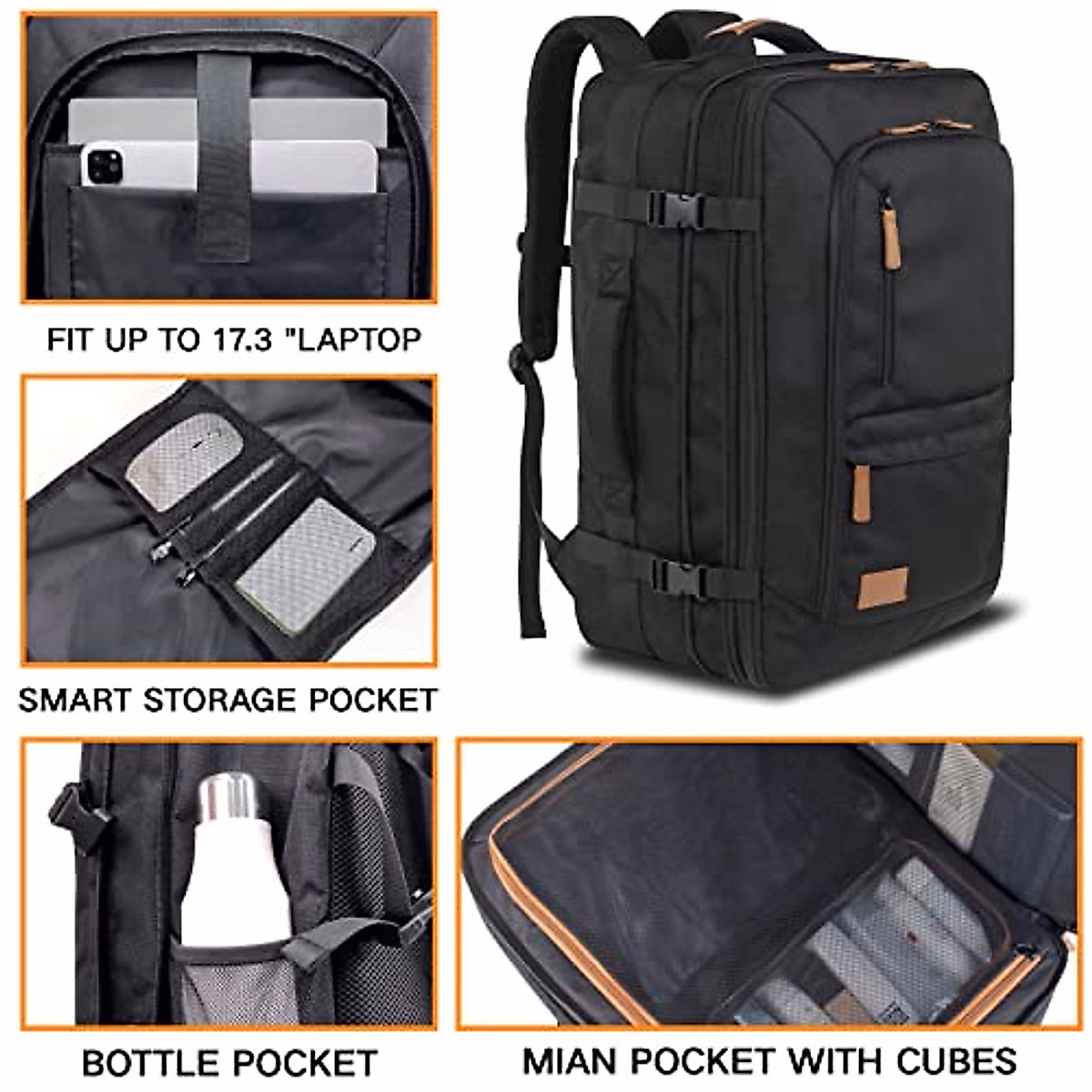 Extra Large 40-50L Travel Carry on Backpack 1680D Oxford Professional Fabric, TSA Friendly Expandable 17-18 inch Laptop Bag, Business Rucksack, Weekender Bag for Men Black