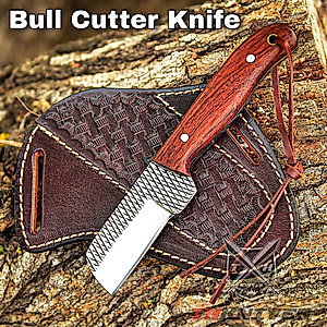 TH knives Handmade Farrier Rasp Steel Bull Cutter Knife with Pancake leather Sheath Fixed Blade Western Cowboy knife, Utility knife for Hunting, Camping, outdoor Full Tang EDC knife with Burn Bone