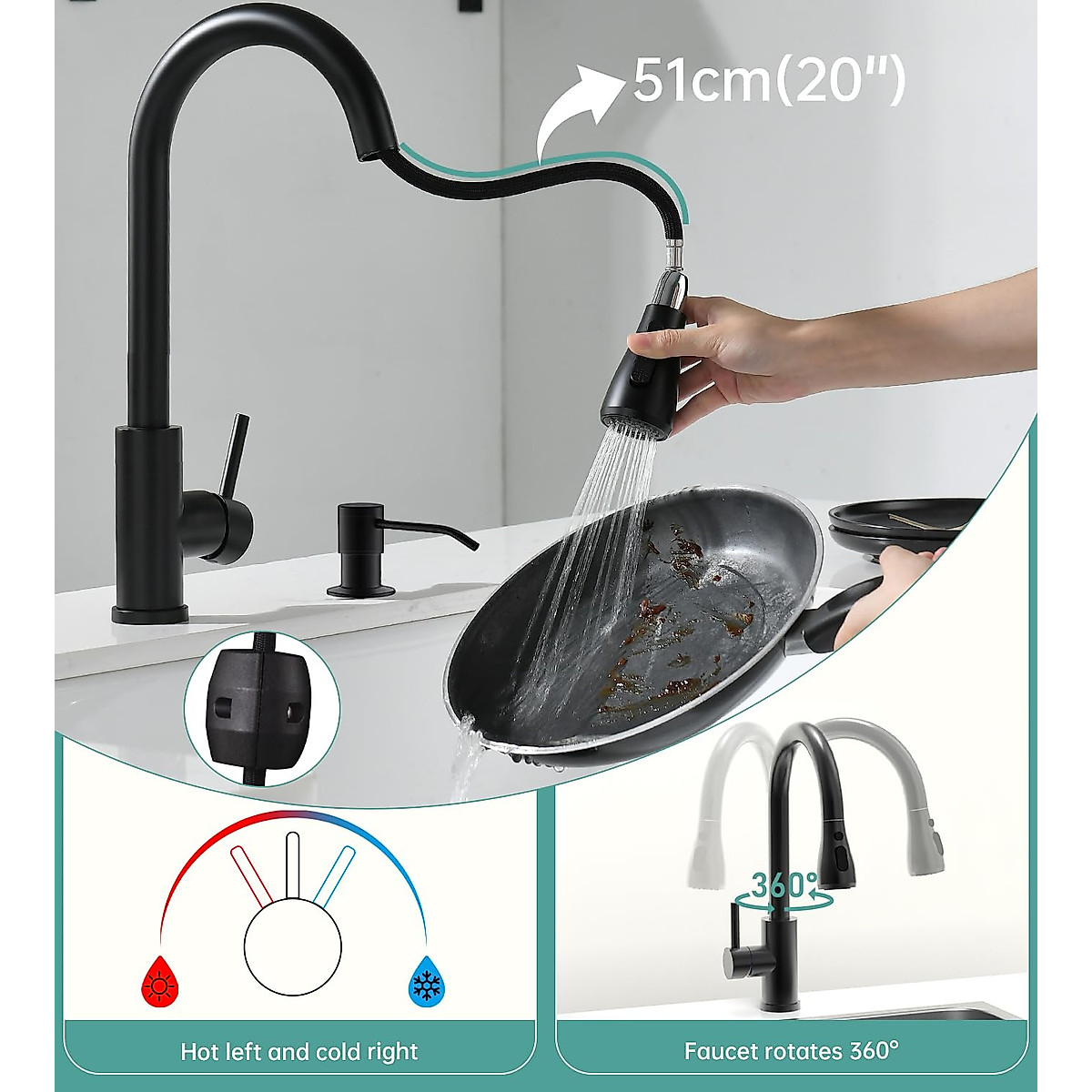 Matte Black Kitchen Faucet with Pull Down Sprayer and Soap Dispenser, DAYONE Single Handle High Arc Stainless Steel Kitchen Faucet Tap, with Escutcheon & 3 Functions, DAY-APS257MB