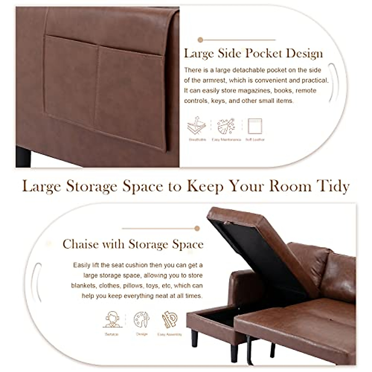 PU Leather Pull Out Sleeper Sofa Bed with Chaise, Comfy L Shaped Convertible Sleeper Couch with Storage and Pocket, Sectional 3 Seat Couch for Living Room Furniture or Office, Smooth Back - Brown