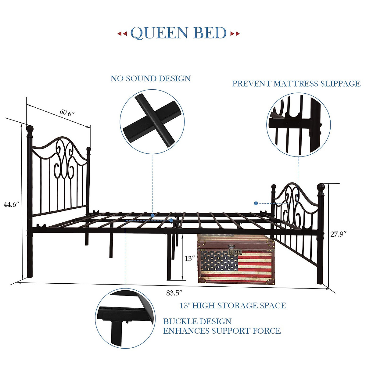 YALAXON Vintage Sturdy Metal Bed Frame with Headboard and Footboard Basic Bed Frame No Box Spring (Queen, Black)