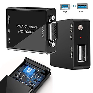 VGA Capture Card, VGA to USB Capture Device with Mic Input Support HD Video for Gaming, Streaming, Teaching, Video Conference, Live Broadcasting
