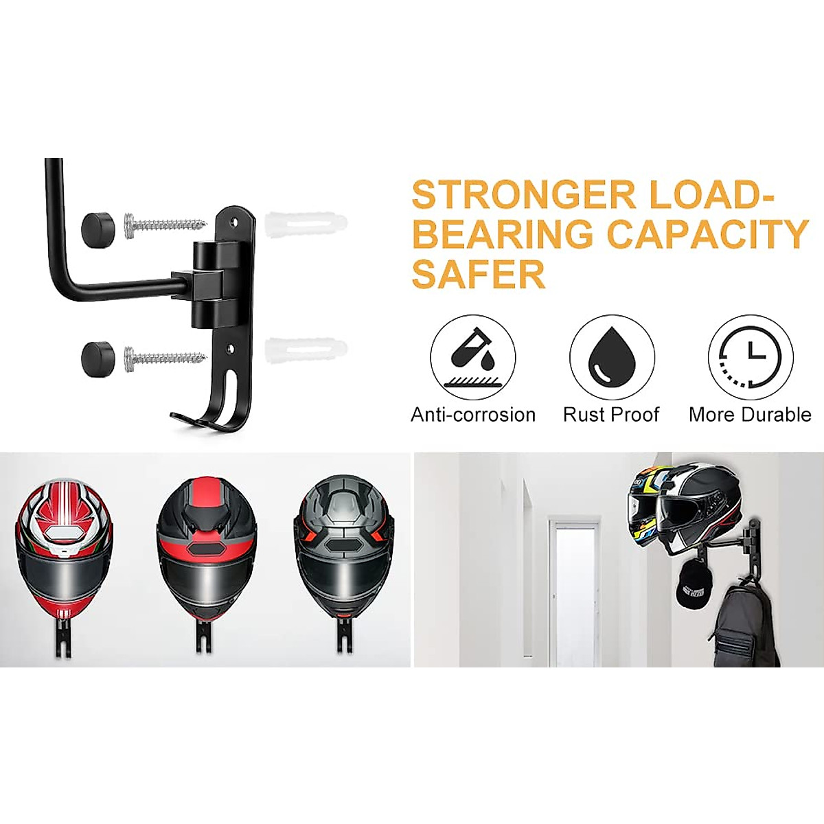 PAHTTO Motorcycle Helmet Holder, Helmet Rack Wall Mount 180 Degree Rotation Helmet Hanger with Double Hook for Coats, Caps, Hats, Motorcycle Accessories
