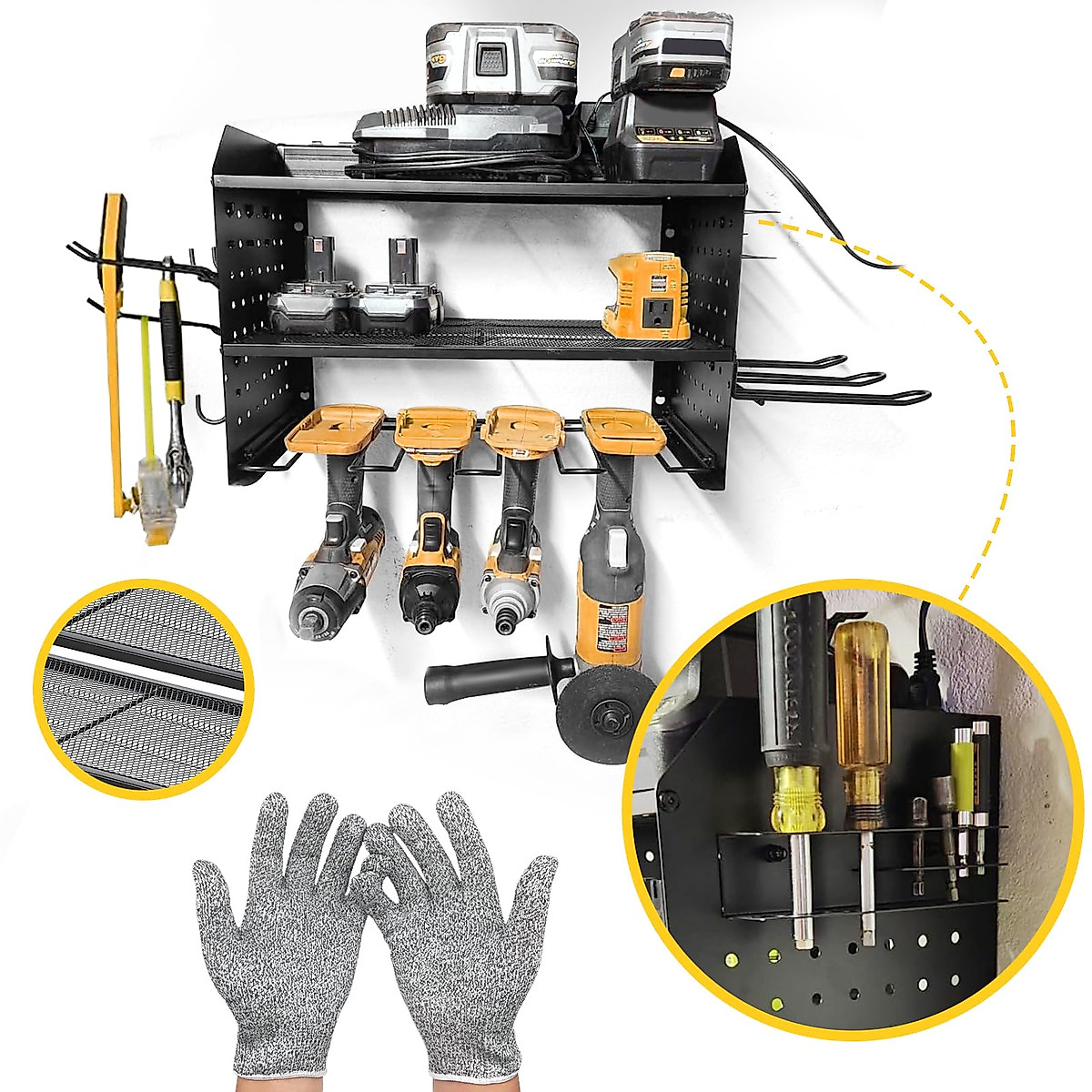 Havenfly Power Tool Organizer Wall Mount with Power Strip, 6 Drill Holder, Heavy Duty Metal Drill Storage Shelf with 8 Hooks, 3 Layer Storage Shelf with 2 Side Pegboards, Ideal Gifts for Men