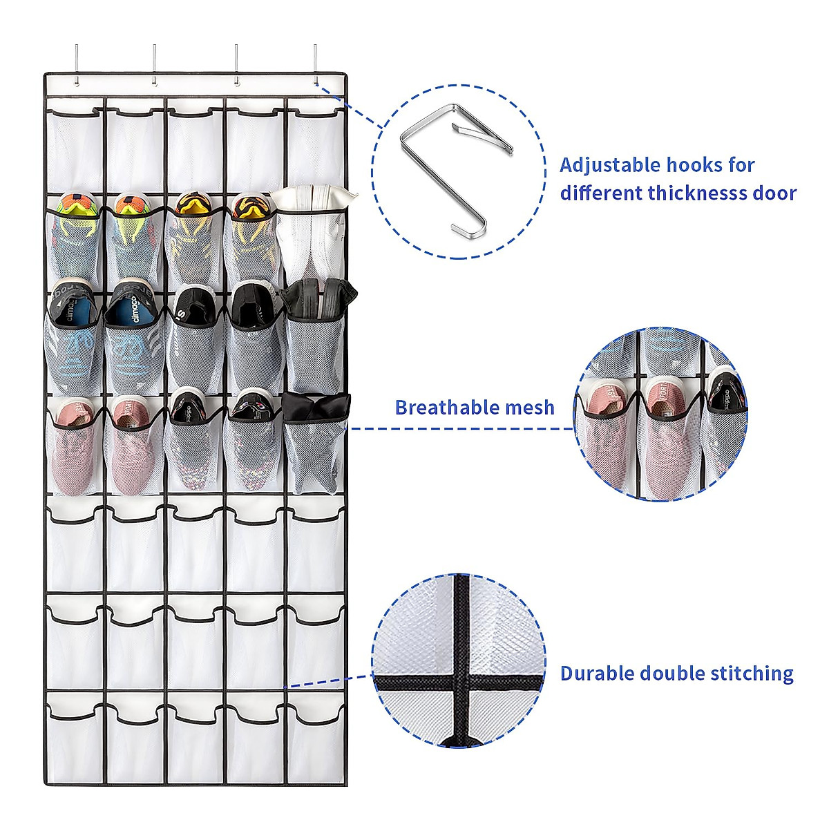 SAVERHO 35 Pockets Over the Door Shoe Organizer, Hanging Shoe Organizer for Door with 35 Mesh Pockets Large Capacity Shoe Hanging Storage Bag with 4 Metal Hooks (White-1Pack)