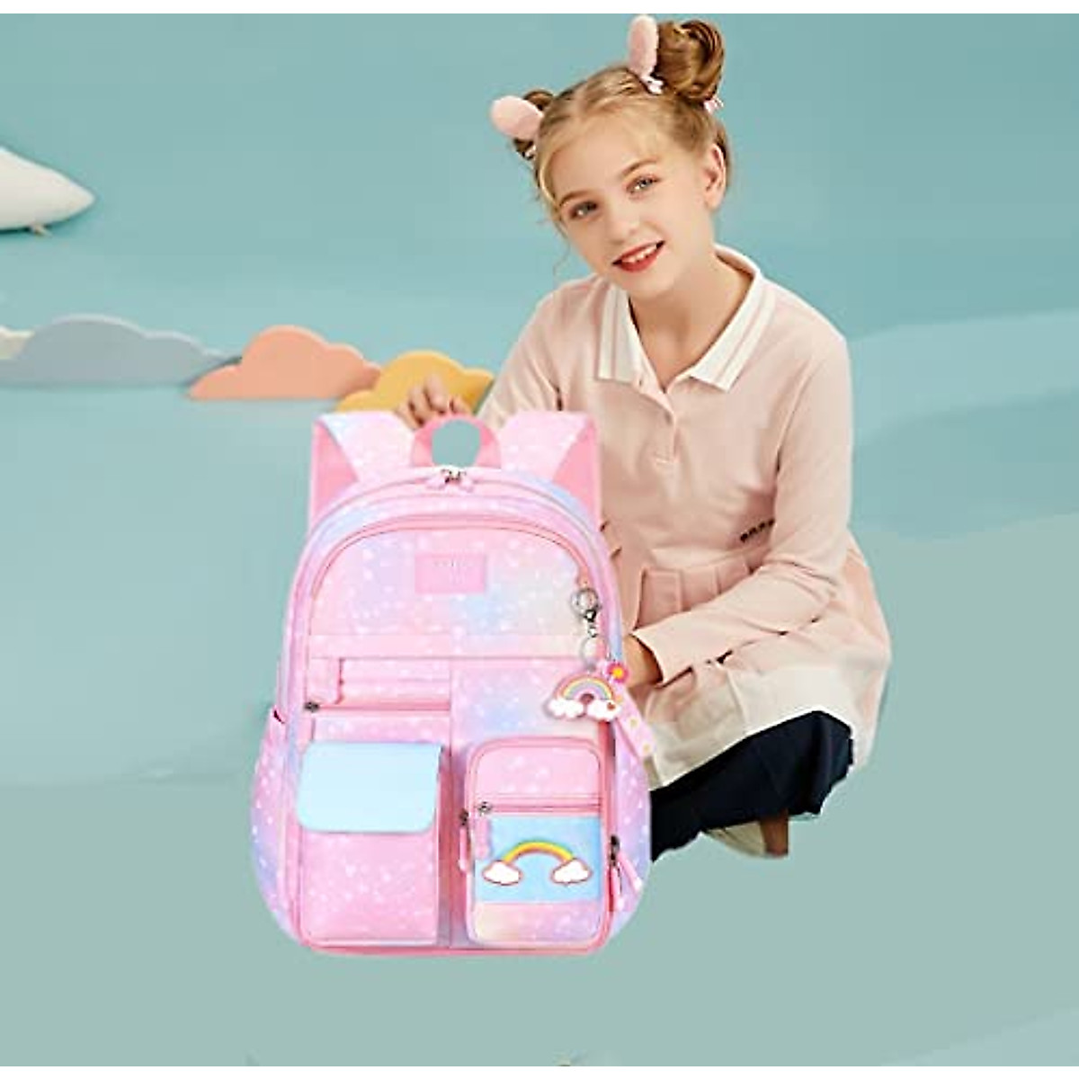 ETAISHOW Heart-Print Kawaii Girls Backpack for Elementary School Kids Bookbag with Compartments Cute Student Backpack for Girls