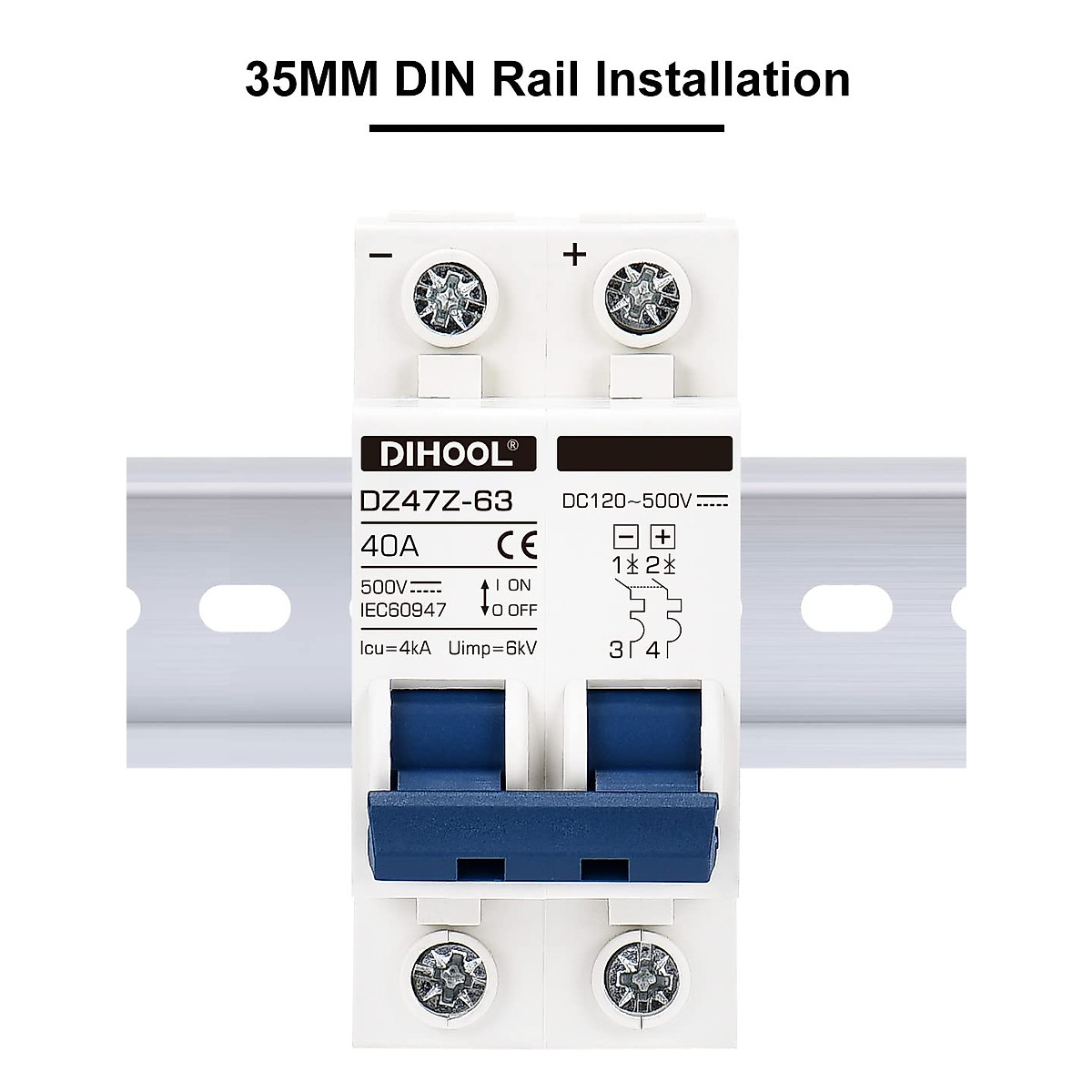 DIHOOL 40 Amp dc circuit breaker, 2-pole 500V DIN Rail Mount solar disconnect switch for Solar panels