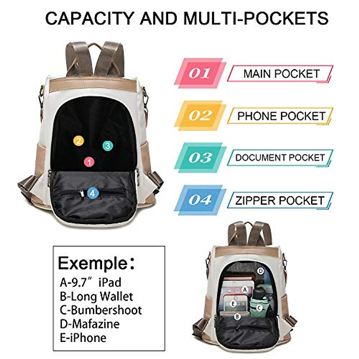 SAMAZ Women Purse Backpack Leather Anti-theft Bag Multipurpose Fashion Shoulder Handbags (White and Yellowish) Medium