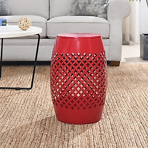 AC Pacific Outdoor Indoor Lace Cut Side Table, Powder-Coated Iron Pedestal Stand, Drum Shaped Accent Furniture for Patio, Living Room or Bedroom, Red