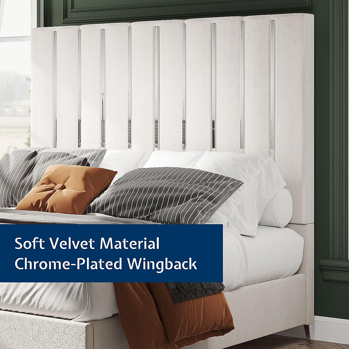 Jocisland King Bed Frame with 58" Tall Headboard, Velvet Upholstered Platform Bed Frame with Silver Plating Trim, Sturdy Bed No Box Spring Needed, Cream