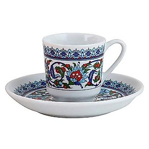 Amazing Turkish Arabic Coffee Espresso Cups 5 Pcs Fancy Set Famous Turkish Porcelain Cups with Saucers, Pot,Blue Velvet Authentic Box (Turkish Coffee Cup and Saucer (2 Sets) 4 Pieces)