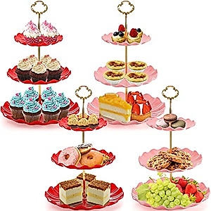 DEAYOU 4 Pack 3-Tier Cupcake Stand, Plastic Dessert Stand Display Tower, Tiered Cake Stands Serving Trays with Gold Rod, Pastry Rack Holder Platter for Buffet, Party, Wedding, Home Decor, Pink, Red