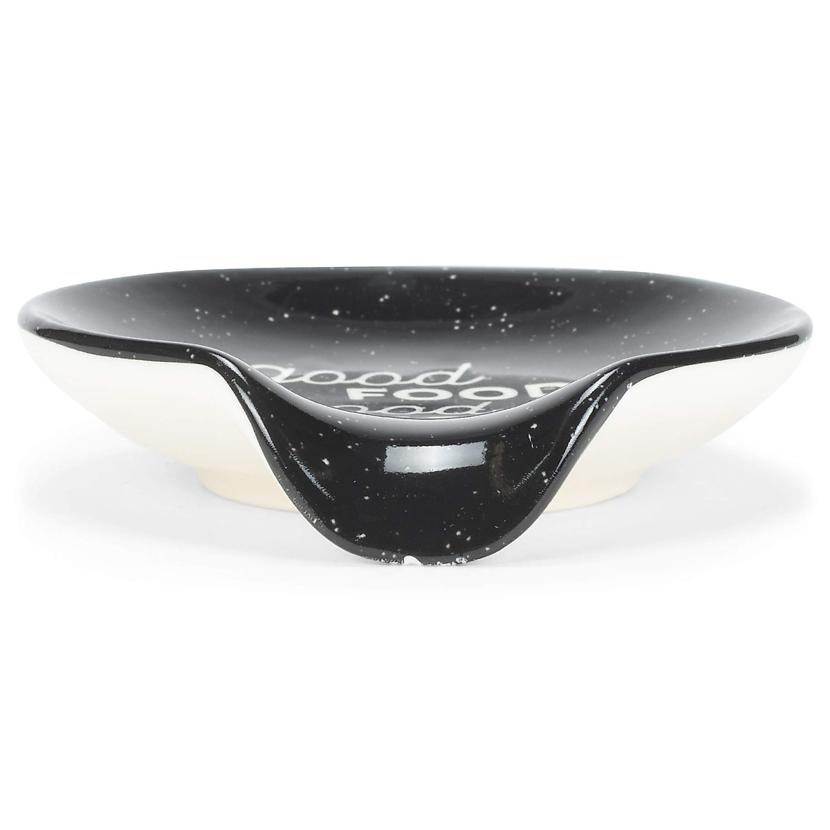 DEMDACO Good Food Good Mood 4.5 x 4 Glossy Speckled Black and White Ceramic Stoneware Kitchen Spoon Rest