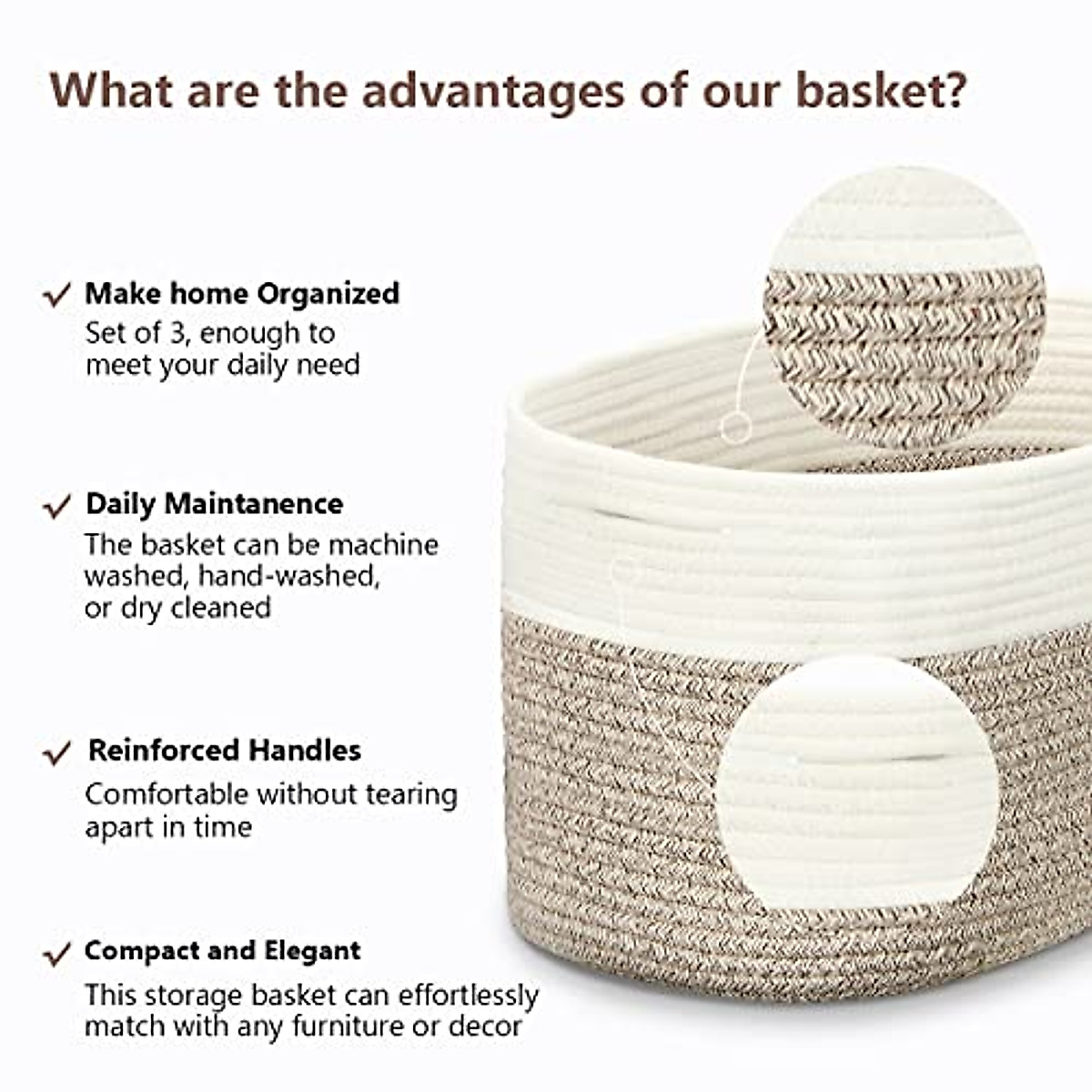 CASAVIDA Woven Baskets for Storage Set of 3, Cotton Rope Basket Storage Baskets for Organizing with Handles, Closet Soft Storage Baskets for Shelf Nursery Baby Laundry Living Room & Bedroom