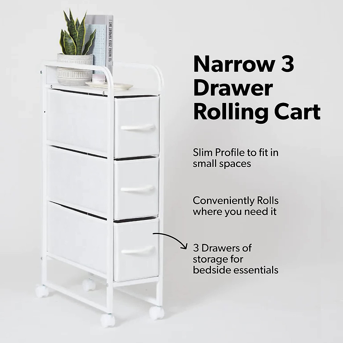 Dormify Narrow 3-Drawer Cart on Wheels | Rolling Table with Wheels | Storage Drawers | Organizer | Nightstand | Dresser for Closet | White | Storage for Small Spaces | Bedroom & Dorm Room Essential