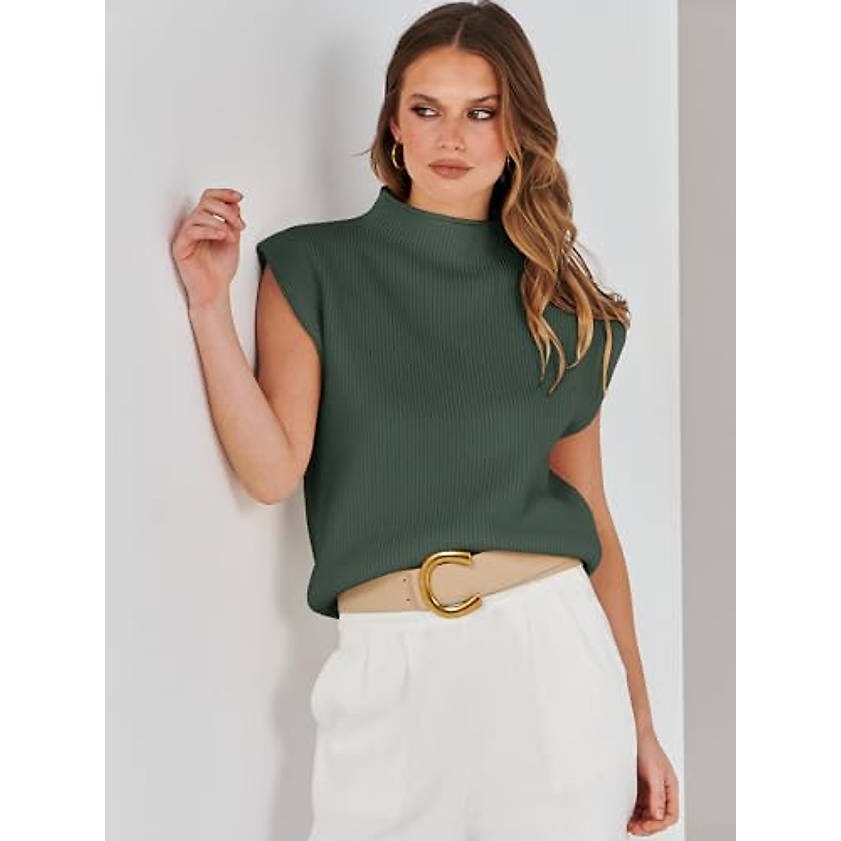 ANRABESS Women's Mock Neck Sleeveless Sweater Vest Casual Cap Sleeve Knit Pullover Tank Tops 2025 Spring Summer Clothes Green-S