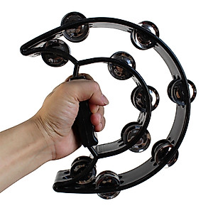 YMC TAM20-BLACK Double Row Tambourine - Metal Jingles Hand Held Percussion Ergonomic Handle