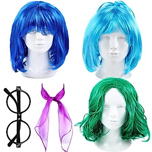 Taiyin 5 Pcs Halloween Group Costume Blue Bob Wigs Short Green Wig Halloween Team Movie Characters Costume Party Cosplay