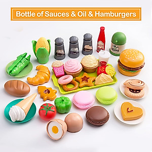 Funpynani 130Pcs Kitchen Playset, Toddler Pretend Cooking Play Pots, Pans, Utensils Cookware, Daily Food Fruit Veges, Shopping Storage Basket, Dessert, Prop Money, Learning Gift for Child （White）